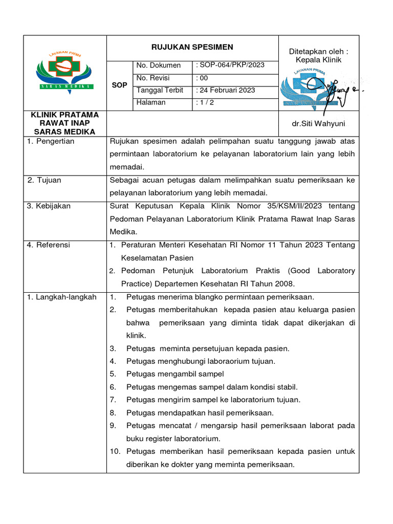 SOP Rujukan Spesimen Klinik | PDF