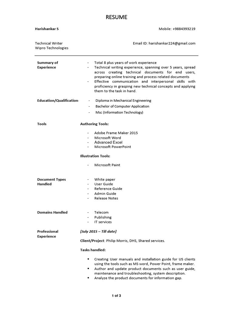 Technical Writer Resume: Harishankar S | PDF | Business | Software