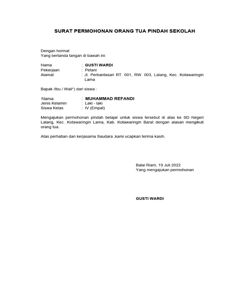 Surat Permohonan Pindah Sekolah Dari Orang Tua | PDF