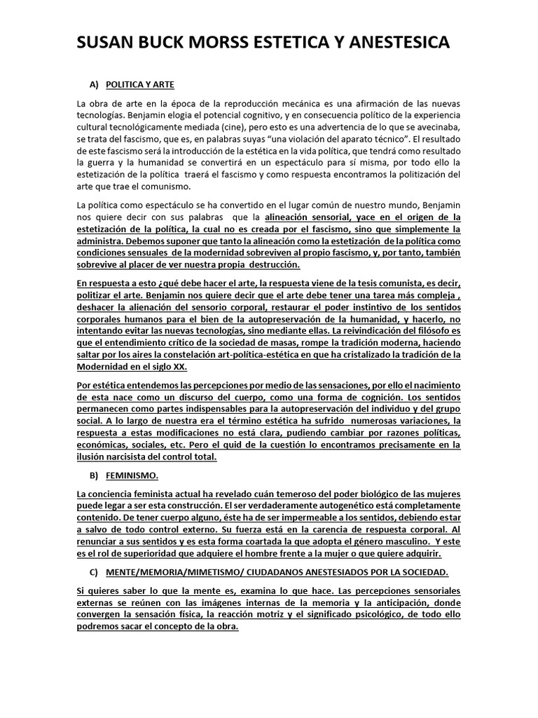 Susan Buck Morss Estetica y Anestesica | PDF | Experiencia | Percepción