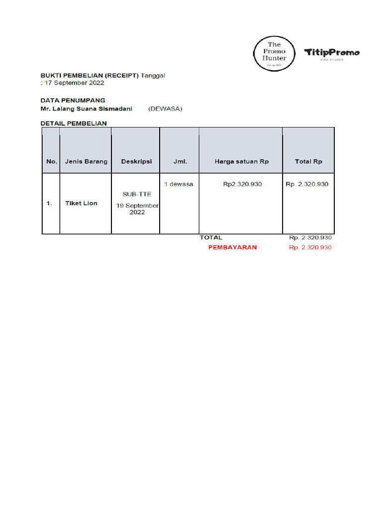 Invoice Surabaya Ternate - 19 September 2022 | PDF