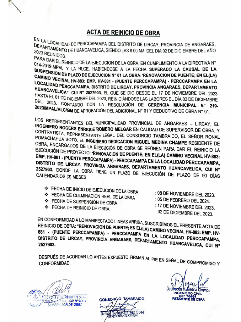 Acta de Reinicio de Obra | PDF