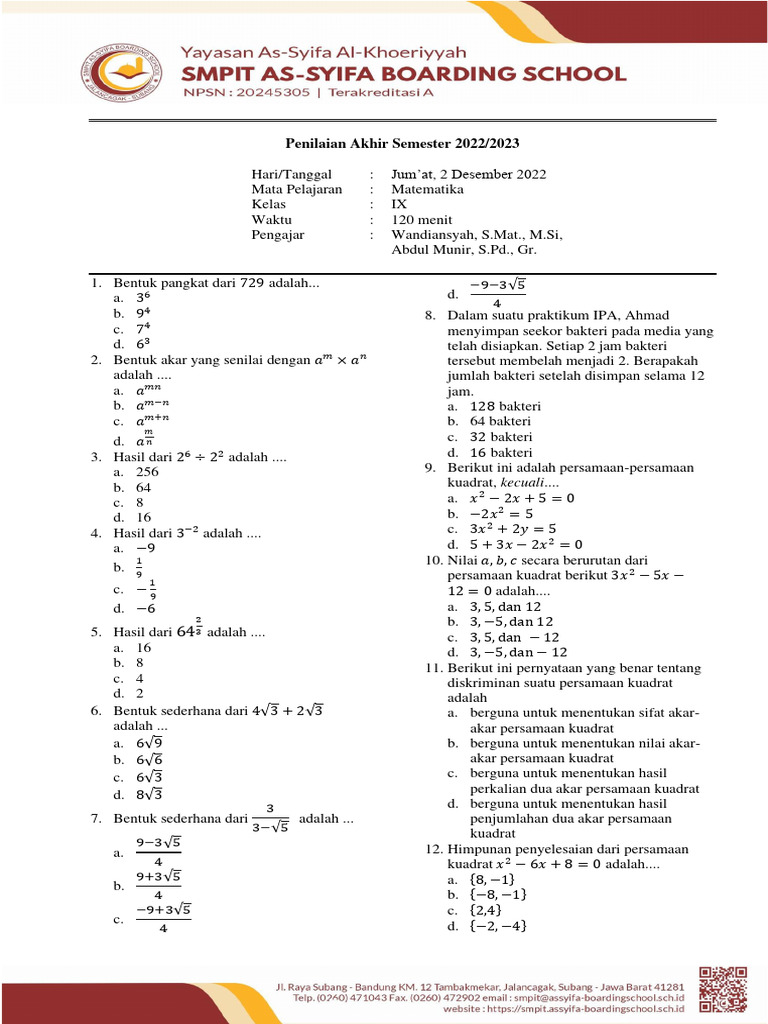 Soal Pas MTK 9 2022 | PDF
