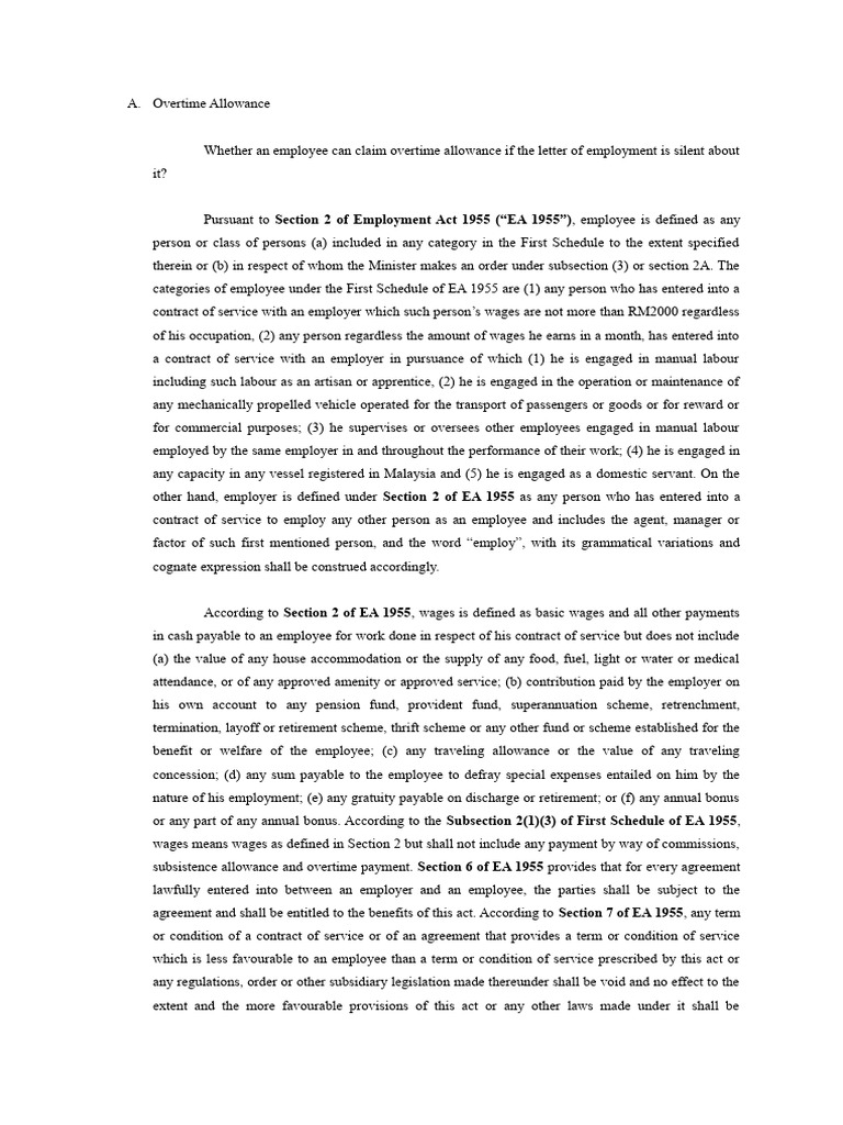 Overtime Allowance Under Employment Act | PDF | Employment | Overtime