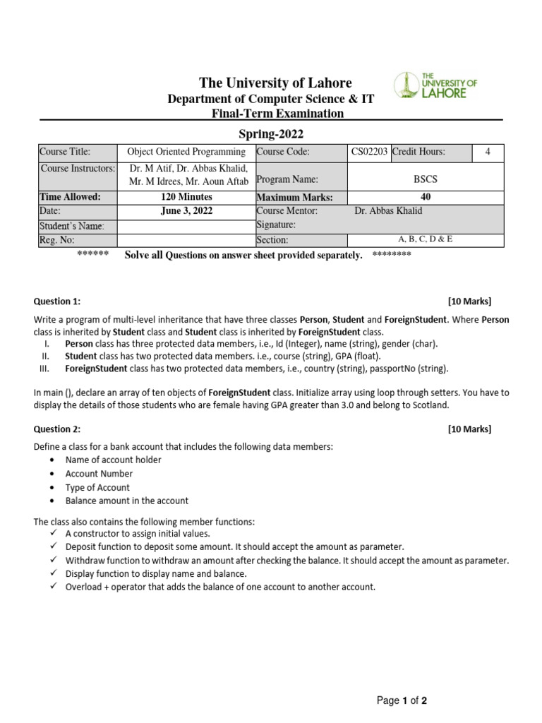 OOP Final QP | PDF | Salary | Object Oriented Programming OOP Final QP | PDF | Salary | Object Oriented Programming