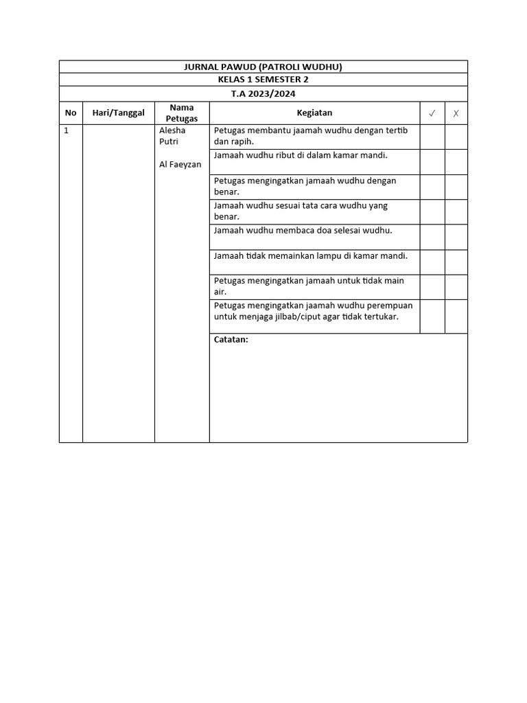 Jurnal Patroli Wudhu Kelas 1 Semester 2 | PDF