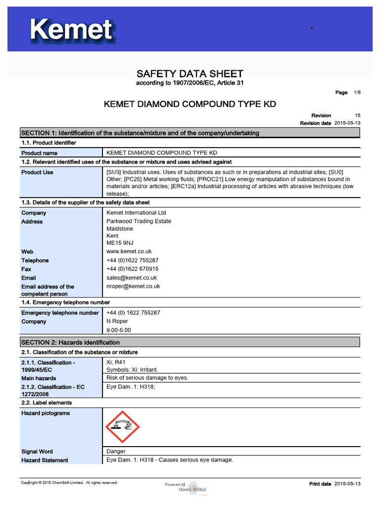 Kemet KD Diamond Compound SDS | PDF | Waste Management | Waste