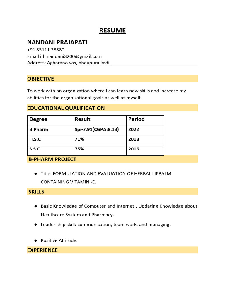 Resume of Nandani Prajapati - B.Pharm Graduate | PDF | Career & Growth