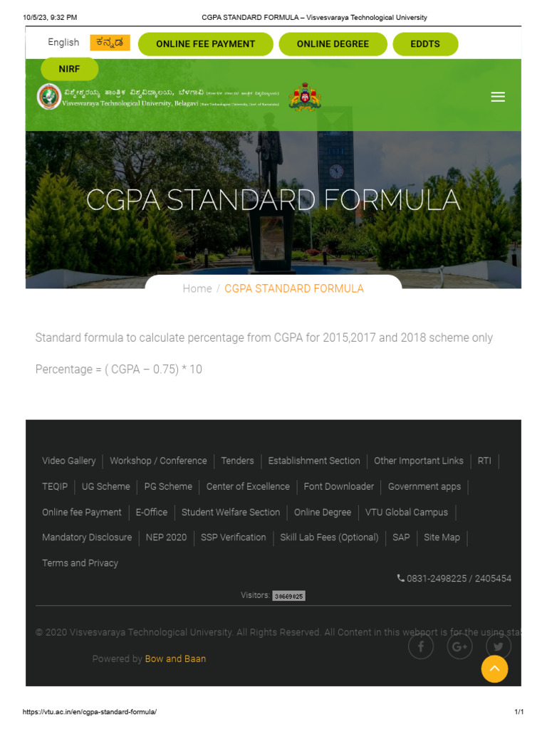 CGPA STANDARD FORMULA - Visvesvaraya Technological University | PDF