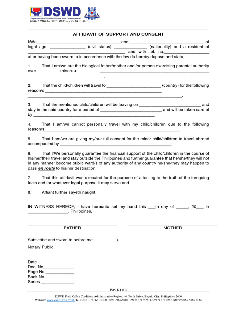 DSWD PMB GF 001 Affidavit of Support and Consent Edited | PDF | Affidavit | Public Law