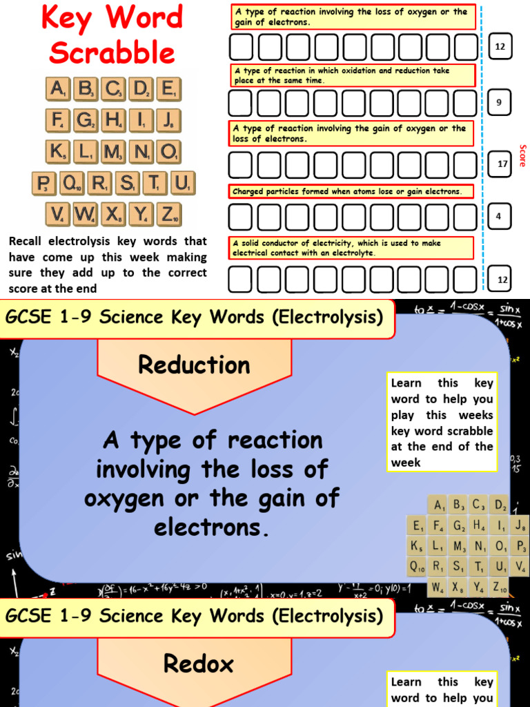 Electolysis Key Word Scrabble | PDF | Redox | Chemical Reactions