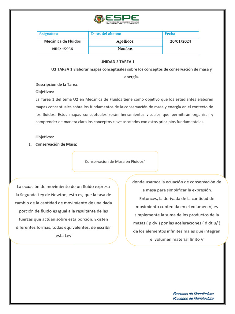 U2 TAREA 1 Elaborar Mapas Conceptuales Sobre Los Conceptos de Conservación de Masa y Energía ...
