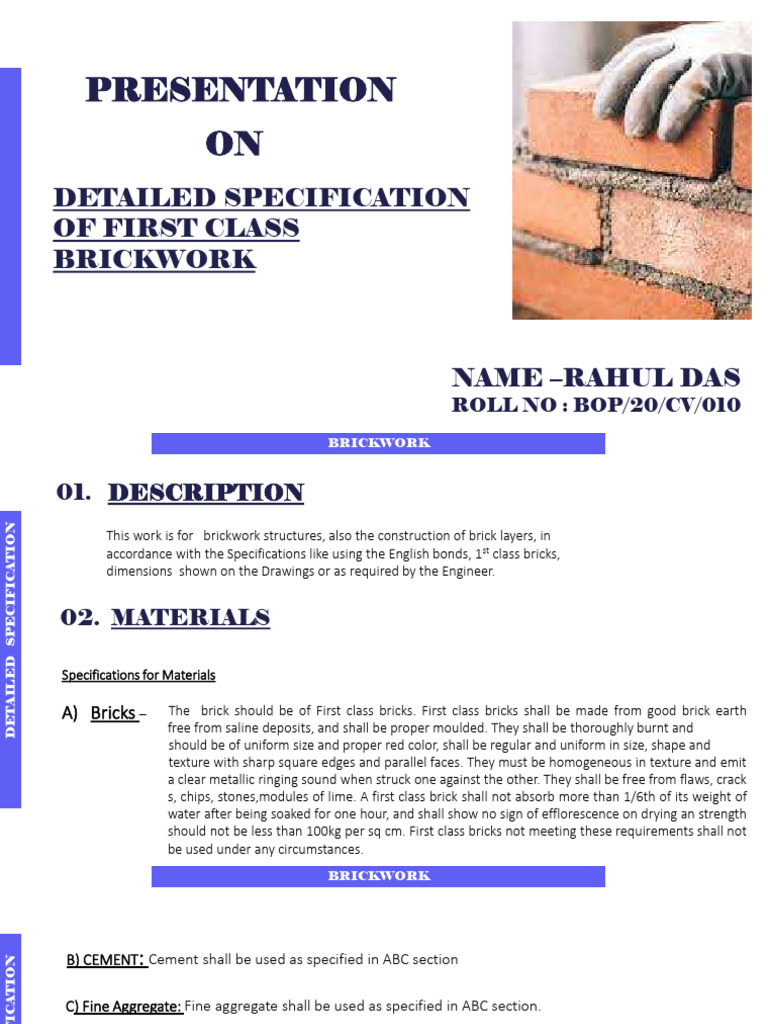 First Class Brickwork Specifications | PDF | Brick | Mortar (Masonry)