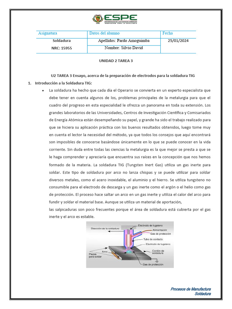 U2 TAREA 3 Ensayo, Acerca de La Preparación de Electrodos para La Soldadura TIG | PDF ...