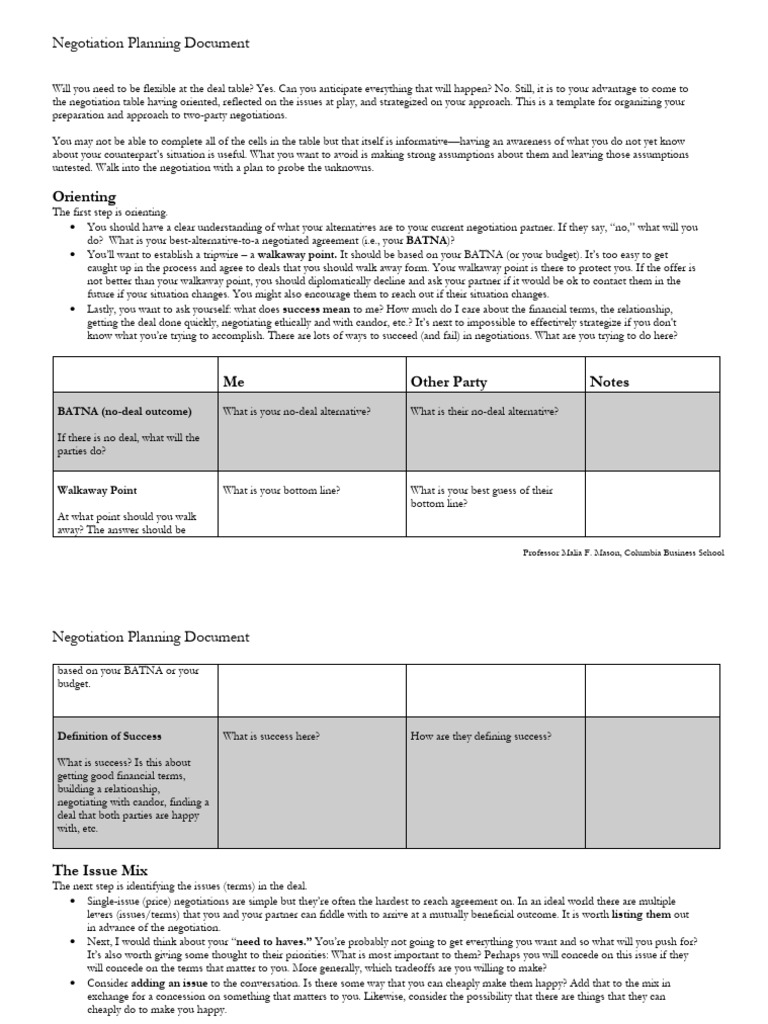 Negotiation Planning Template Guide | PDF | Negotiation | Human ...