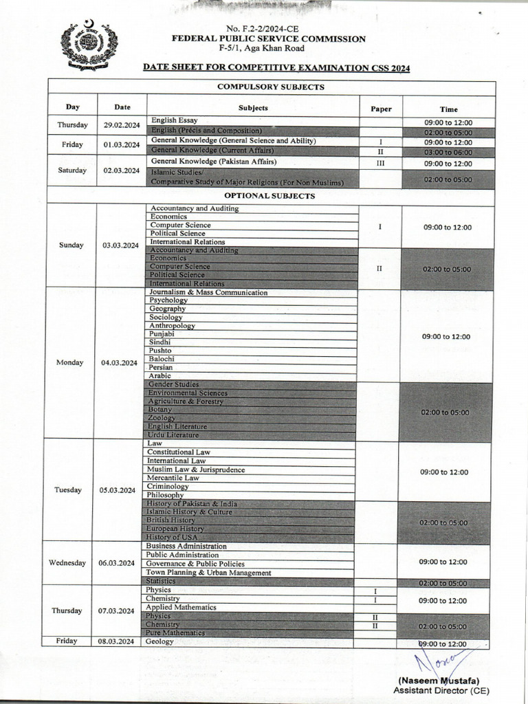 Date Sheet For Competitive Examination CSS-2024 | PDF
