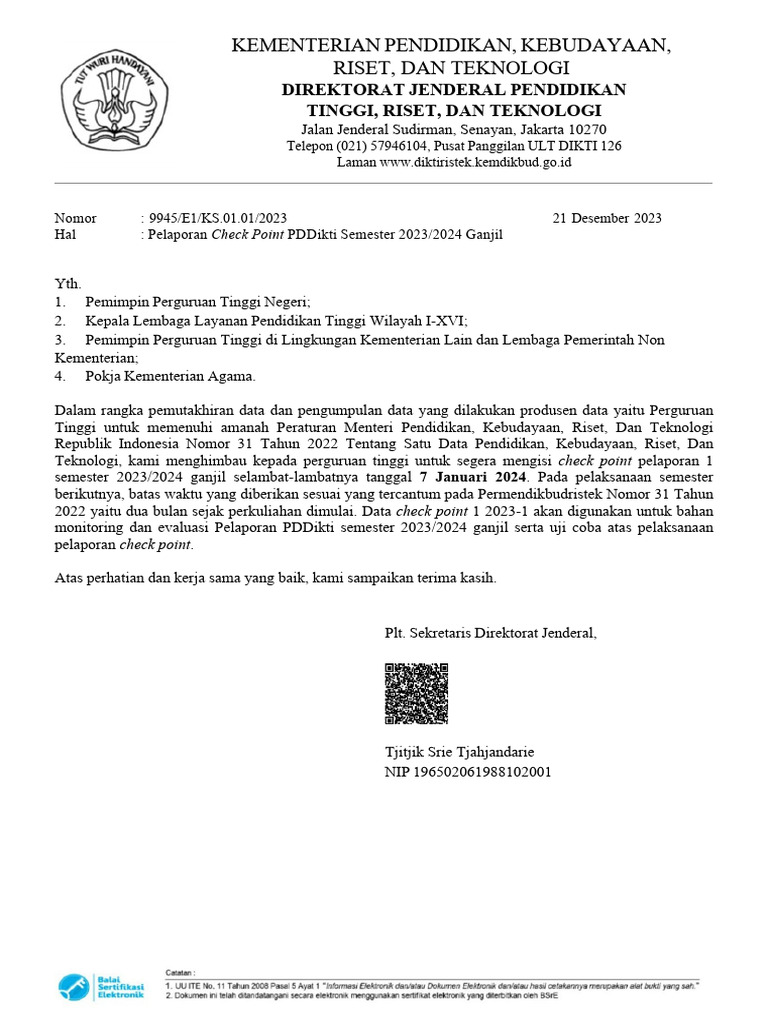 SE Pelaporan Check Point PDDikti Semester 2023 - 2024 Ganjil | PDF ...