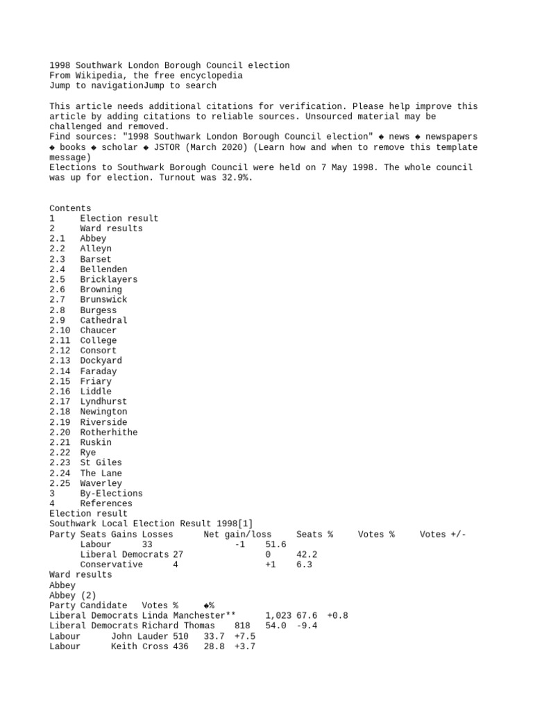 1998 Southwark London Borough Council Election | PDF | Wikipedia