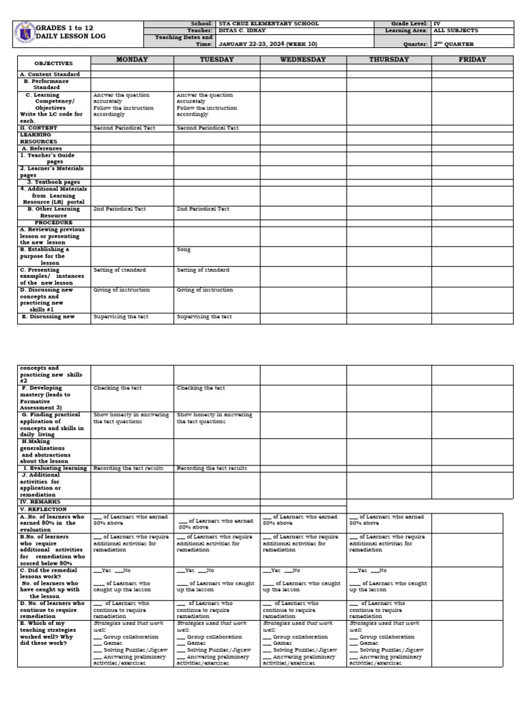 DLL Periodical-Test - Q2 W10 | Download Free PDF | Learning | Teaching