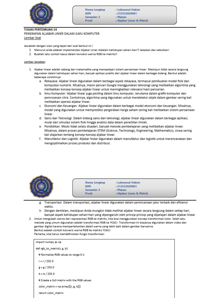Tugas Pertemuan 14 Aljabar Linier Dan Matrik | PDF | Metode & Bahan Ajar | Komputer