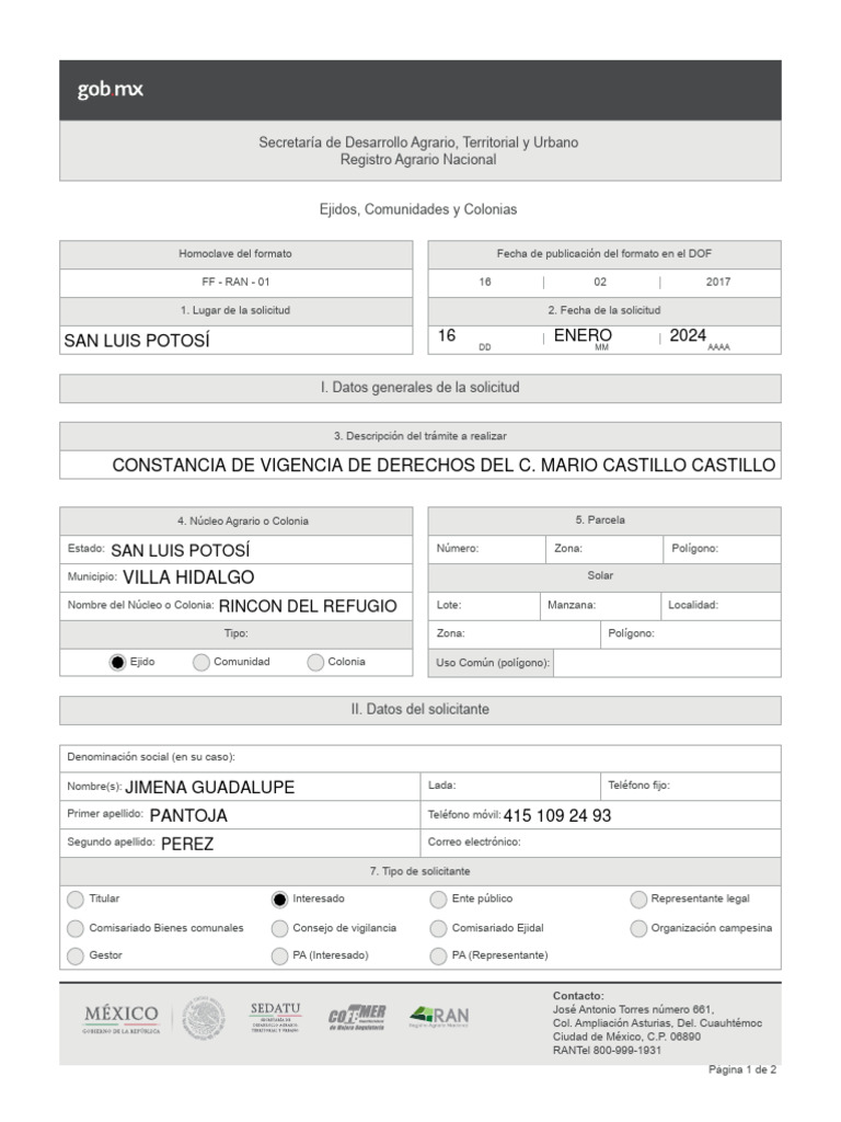 Ff-Ran-01 Solicitud Constancia Vig de Derechos, Mario Castillo Castillo | PDF