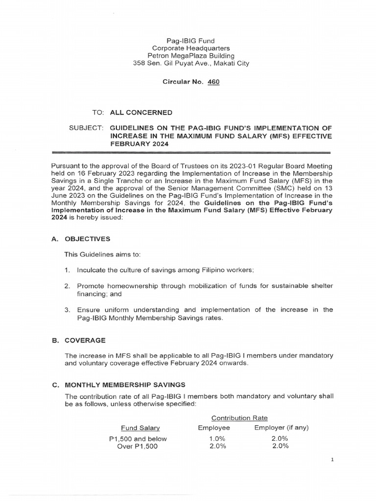 Guidelines Pag-IBIG Fund Increase Effective Feb2024 Circular 460 | PDF
