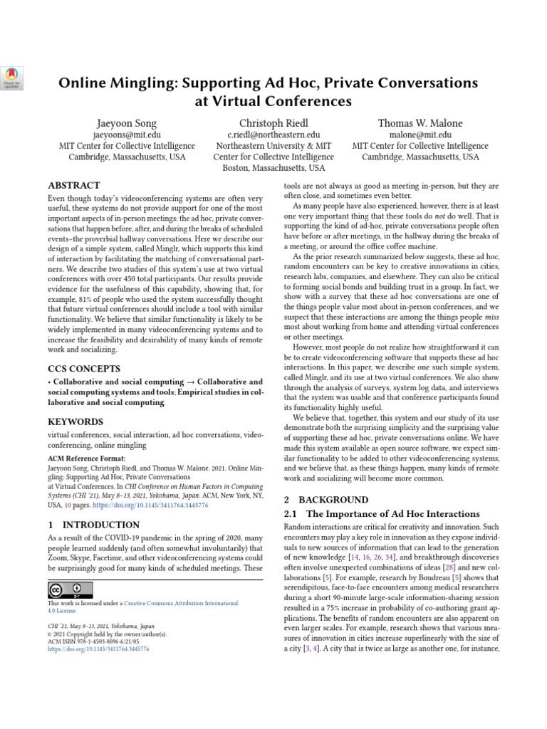Online Mingling: Supporting Ad Hoc, Private Conversations at Virtual ...