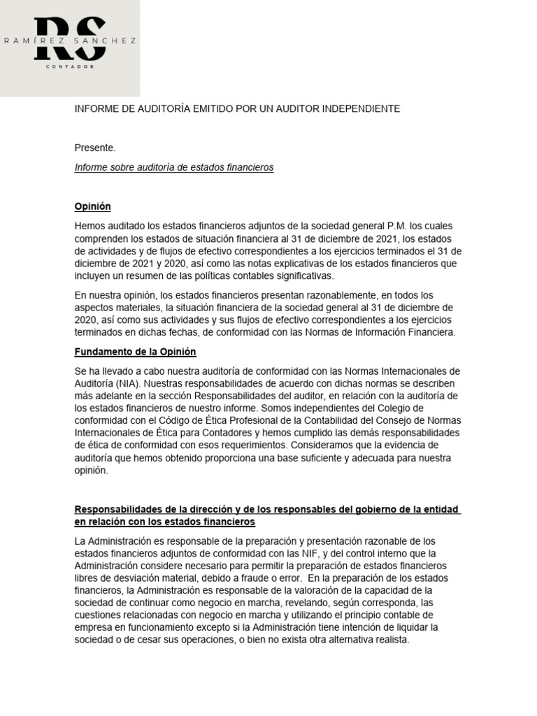 Informe de Auditoría Emitido Por Un Auditor Independiente | PDF | Auditoría | Preocupación continua