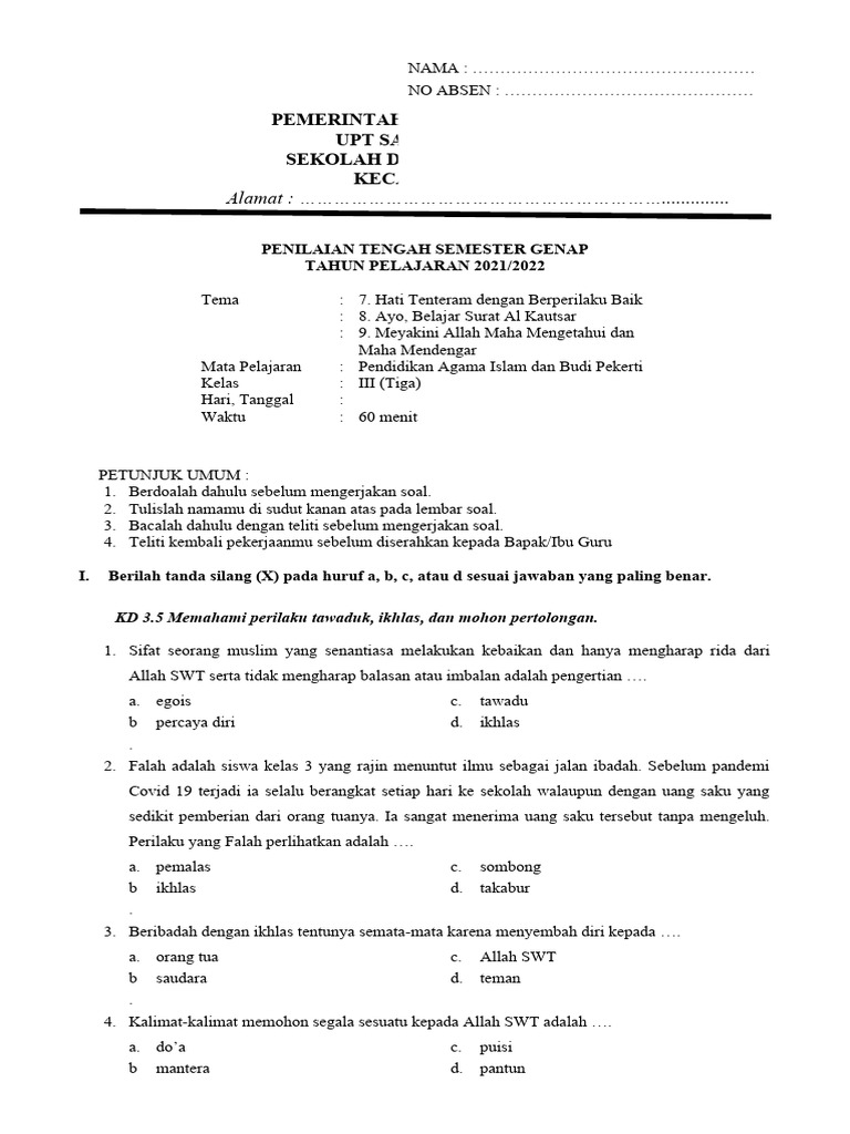Soal PTS 2 PAI Dan BP Kls 3 | PDF