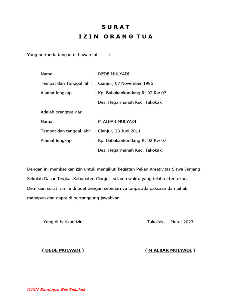 Surat Ijin Orang Tua Peserta O2sn | PDF