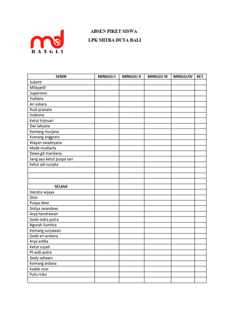 Absen Piket Siswa | PDF