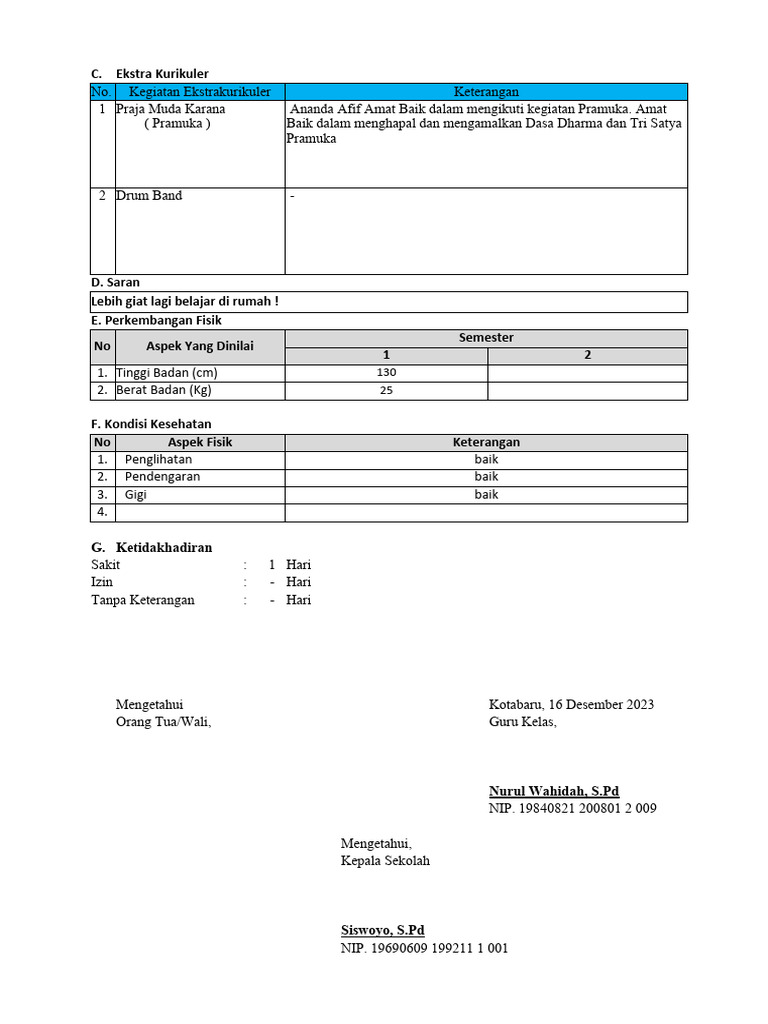 Rapot Belakang Semester 1 Kls 6 TA 2023-2024 | PDF