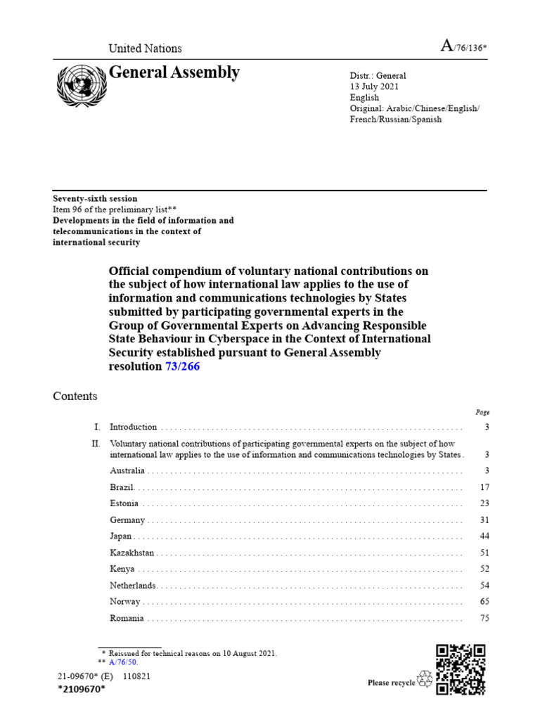 Recommended Pre-Reading - 2021 UN GGE Statements | PDF | International ...