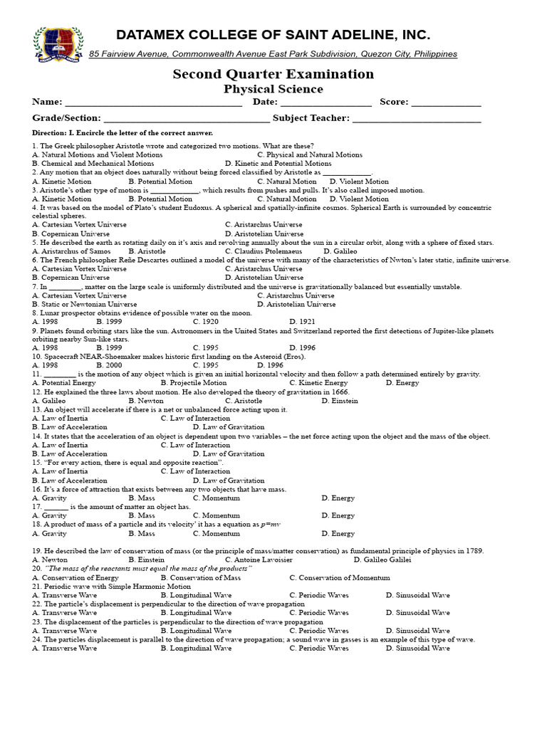 Physical Science 2ND Quarter Exam | PDF | Waves | Gravity