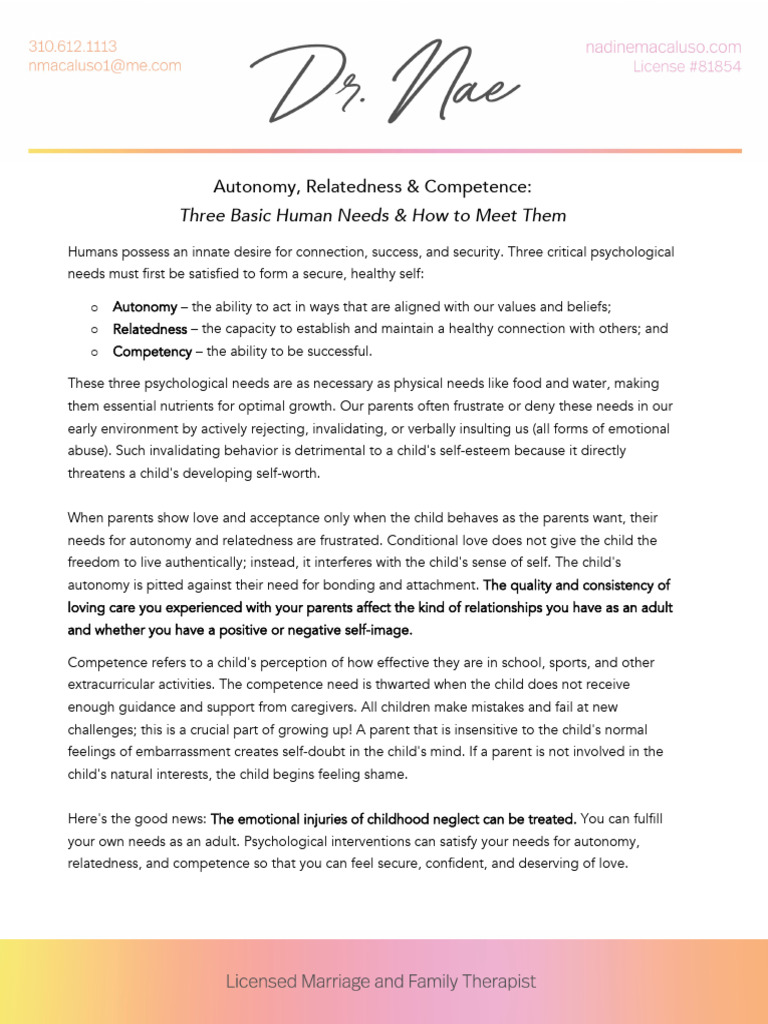 Three Basic Human Needs - Autonomy, Relatedness, and Competence | PDF