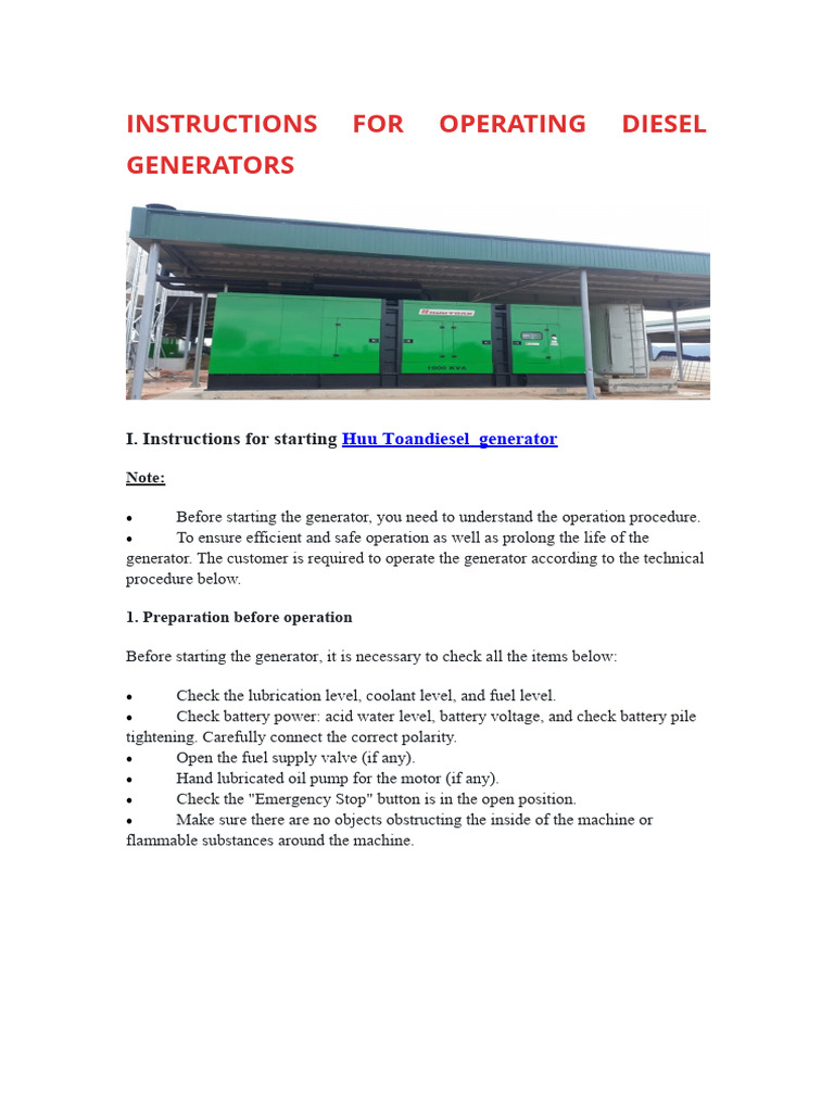 Instructions For Operating Diesel Engine Generator | PDF | Electric ...
