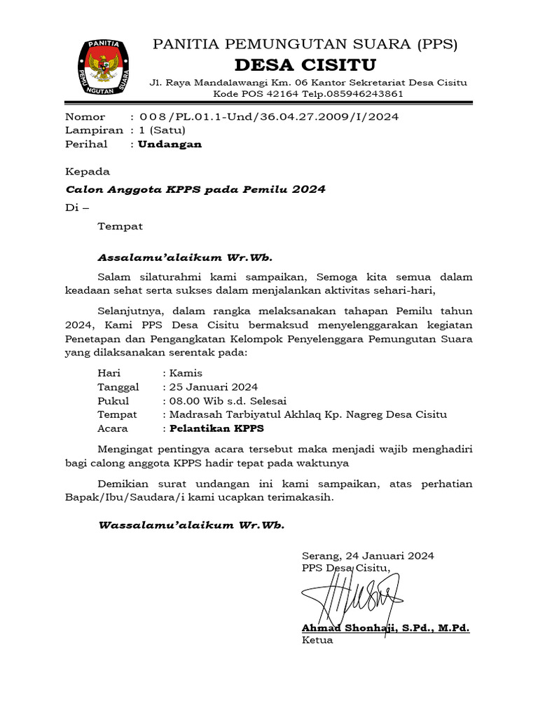 Undangan Pelantikan KPPS Pemilu 2024 | PDF