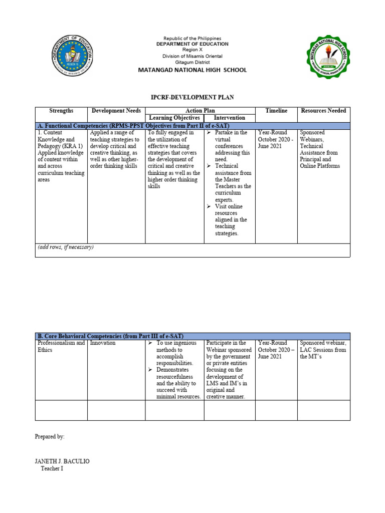 Ipcrf-Development Plan | PDF | Teachers | Teaching