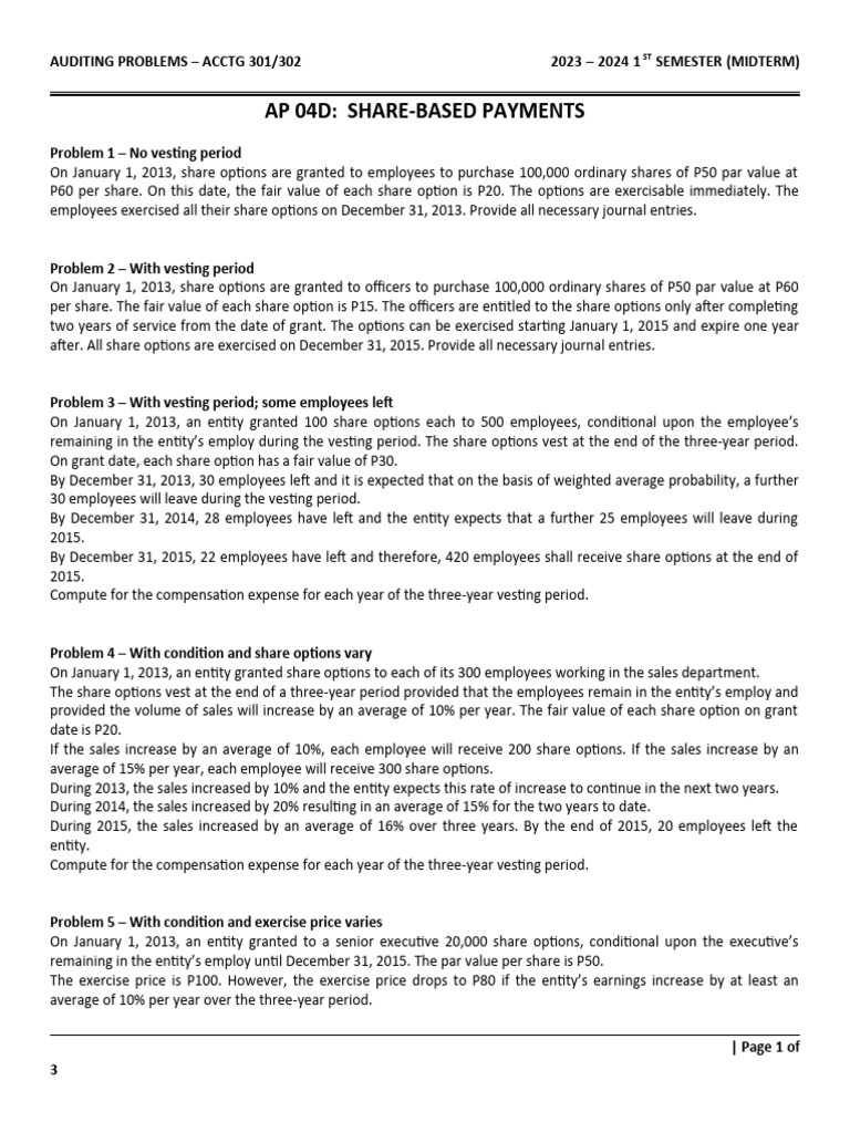 Share-Based Payment Auditing Problems | PDF | Option (Finance) | Vesting