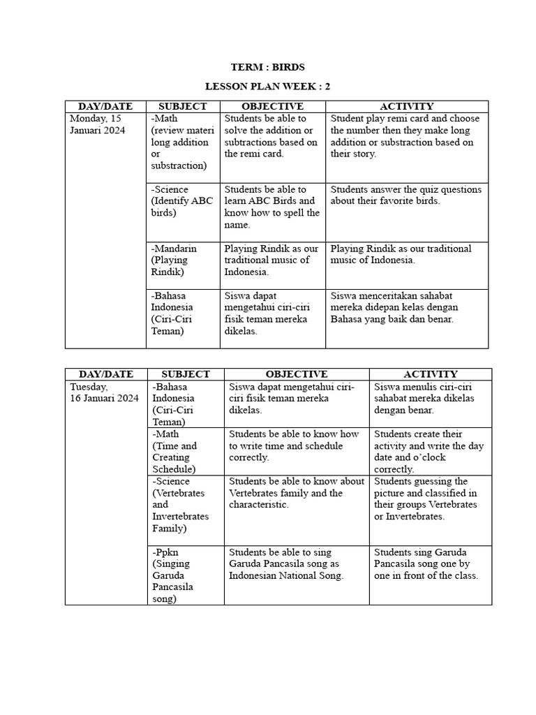 Lesson Plan Week 2 (Birds Term) (15.01.24) | PDF | Noun | Plural