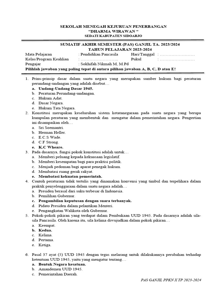 Naskah Soal Pas PPKN Ganjil Kelas X (SMK Penerbangan) | PDF