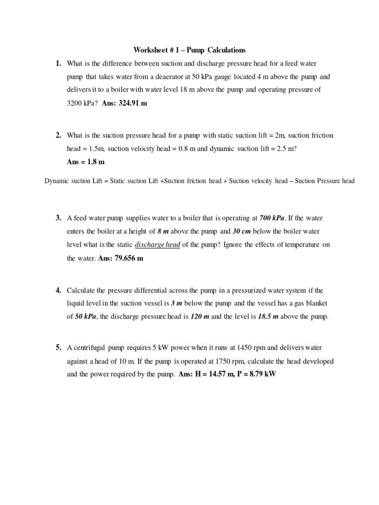 Worksheet # 1 - Pump Calculations | PDF