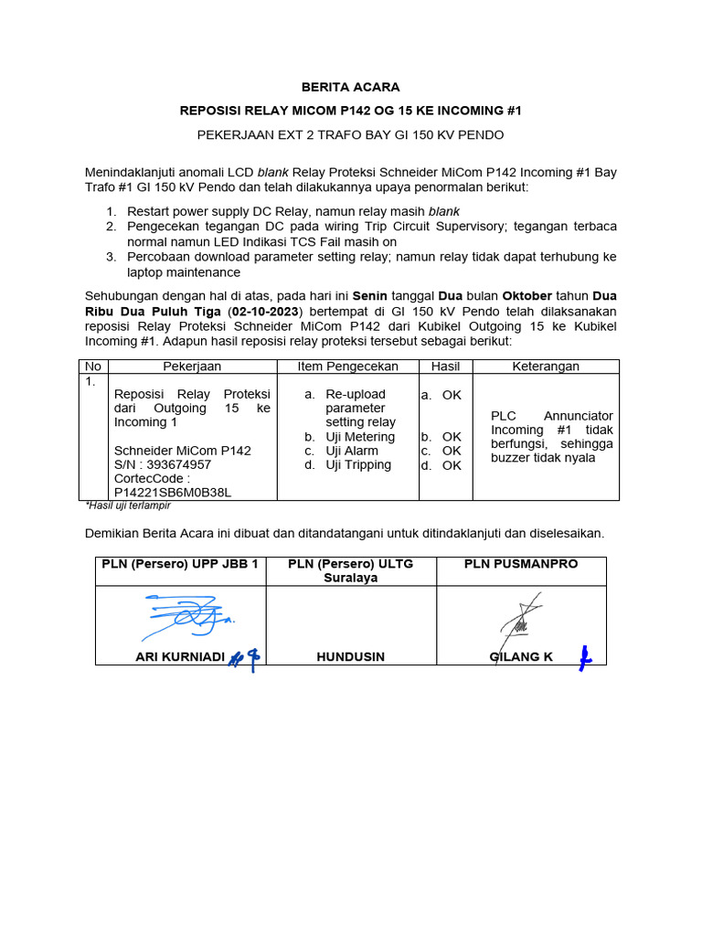 Ba Reposisi Relay Micom P142 Og 15 Ke Incoming #1 | PDF