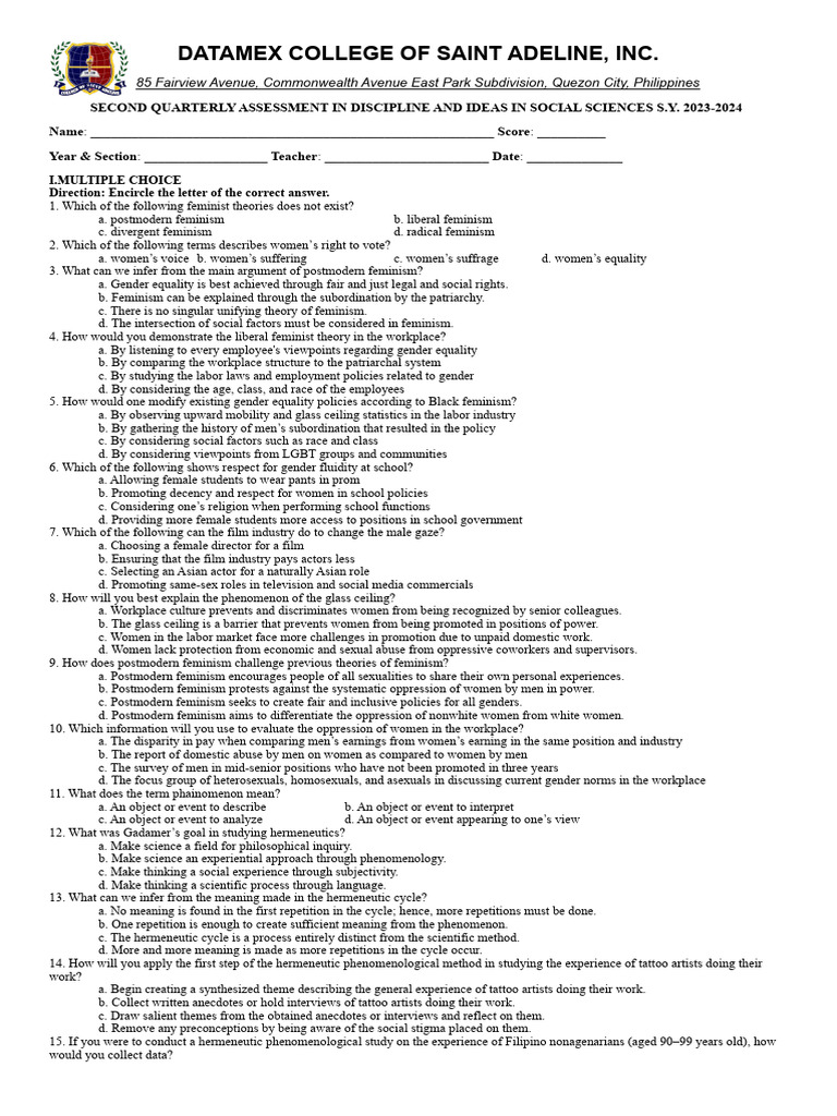 DISS 2nd Quarter Assessment | PDF | Gender Studies | Feminism