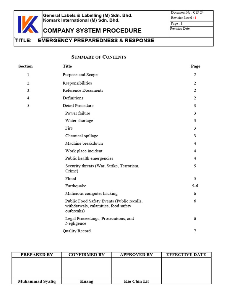 CSP 24 - Emergency Preparedness and Response - UPDATED | PDF