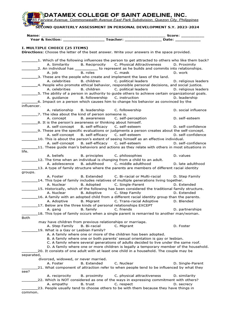 PerDev 2nd Quarter Exam | PDF