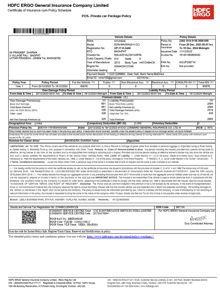 POS-Private Car Package Policy: Certificate of Insurance Cum Policy ...