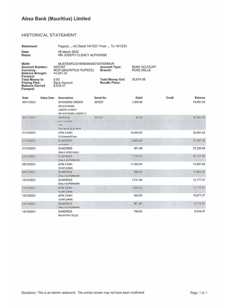 Mauritius Bank Statement | PDF