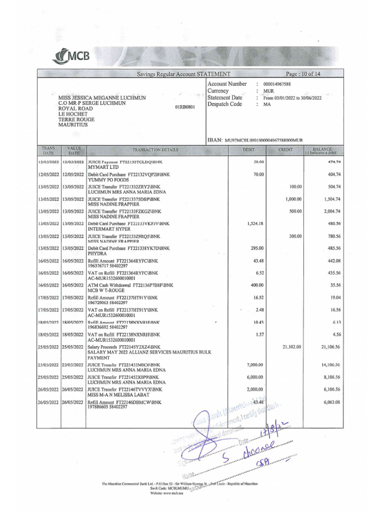 Mauritius Bank Statement | PDF