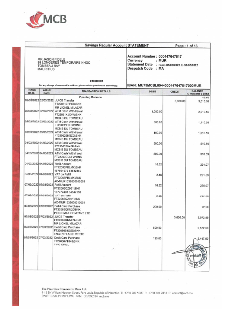 Mauritius Bank Statement | PDF